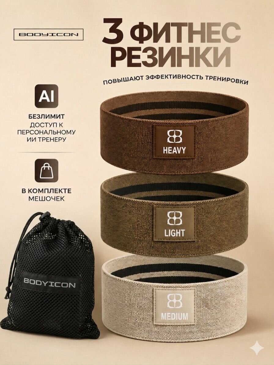 Фитнес резинки тканевые BODYICON с мешочком, комплект усиленные 3шт, резинки для фитнеса, коричневые
