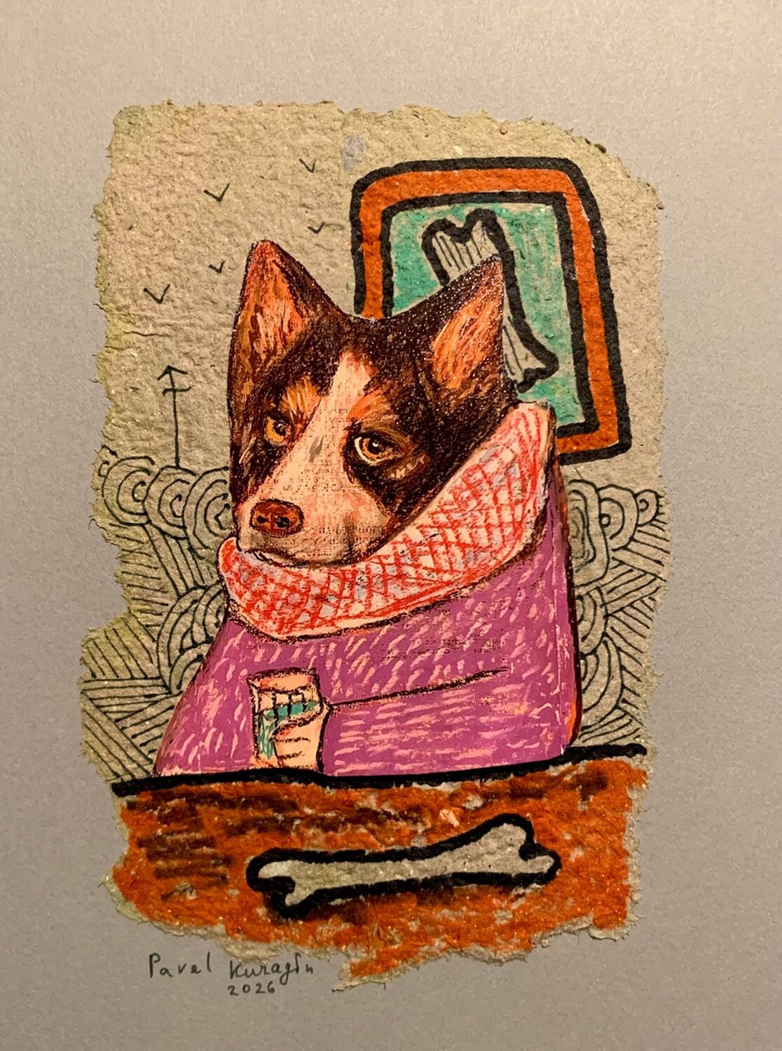 Авторский коллаж и рисунок акрилом на handmade бумаге и картоне Пьющая собака 164/ Drinking dog #164 (2026). Единственный экземпляр. Художник Павел Курагин. 15х20 см
