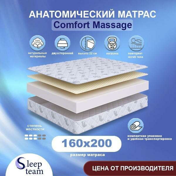 Матрас SleepTeam Comfort Massage 160х200, для кровати, высота 22 см, беспружинный с массажным эффектом, двуспальный