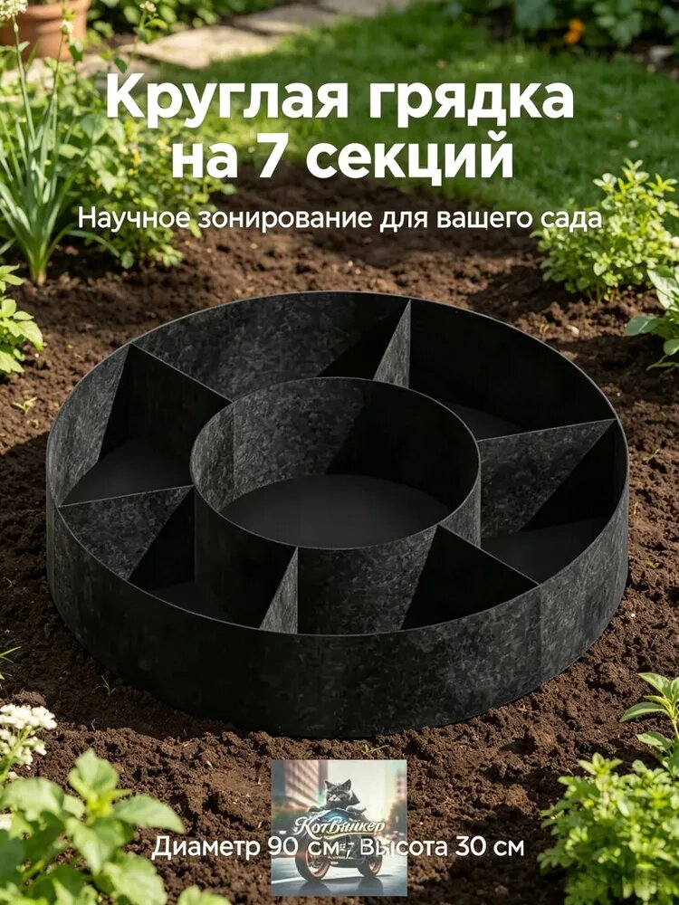 Круглая грядка на 7 секций 0.9х0.9 м, высота 30 см, из нетканого волокна, черно-серая