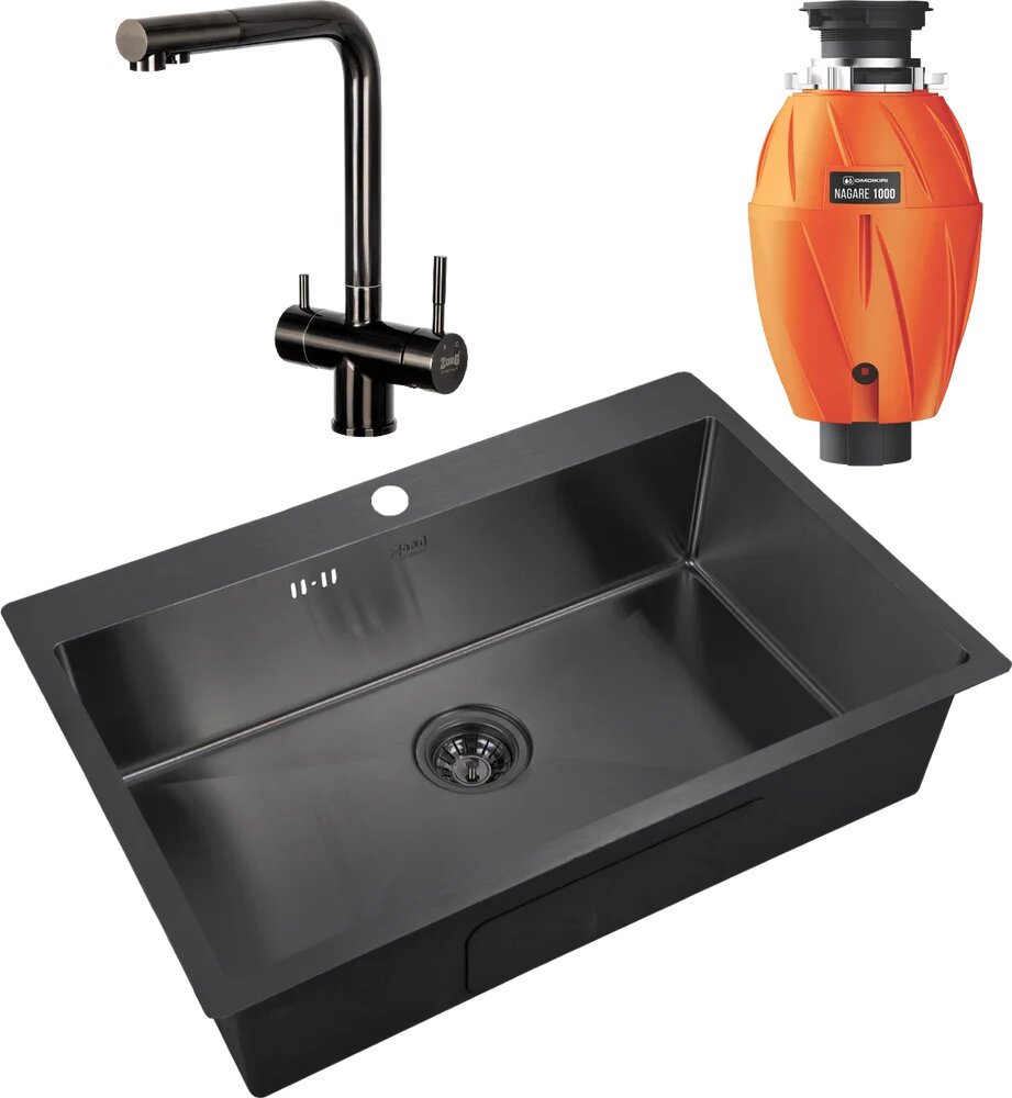 Комплект Мойка Zorg Inox PVD 7551 75x51, grafit, нержавеющая сталь / Смеситель Inox SZR-7039 GRAFIT графит, графит / Измельчитель Omoikiri Nagare 1000 электрический