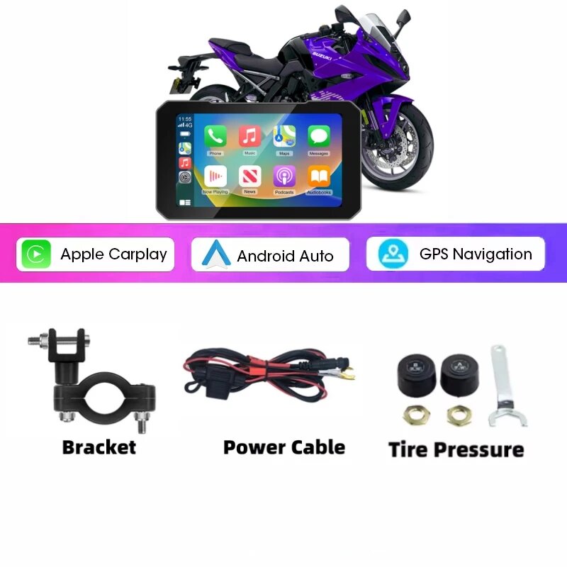 5-дюймовый GPS-навигатор для мотоцикла с CarPlay, Android Auto, TPMS