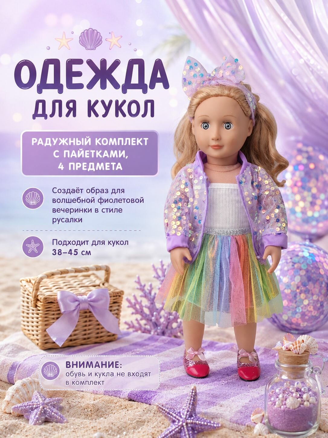 Одежда для кукол 38-45 см, праздничный комплект из 4 предметов: топ, куртка с пайетками, радужная юбка и бантик, универсальный для American Girl и аналогов, 3 расцветки
