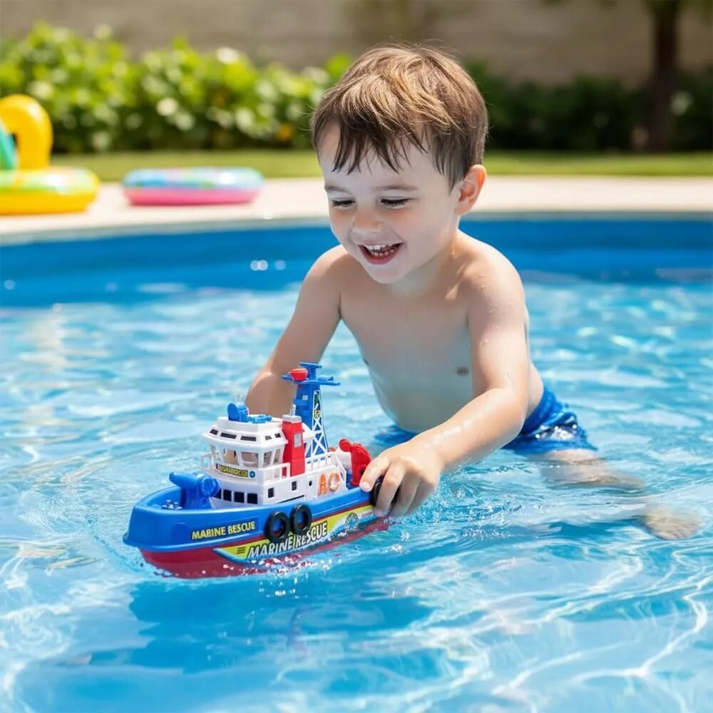 Игрушечный пожарный катер, распыляющий воду