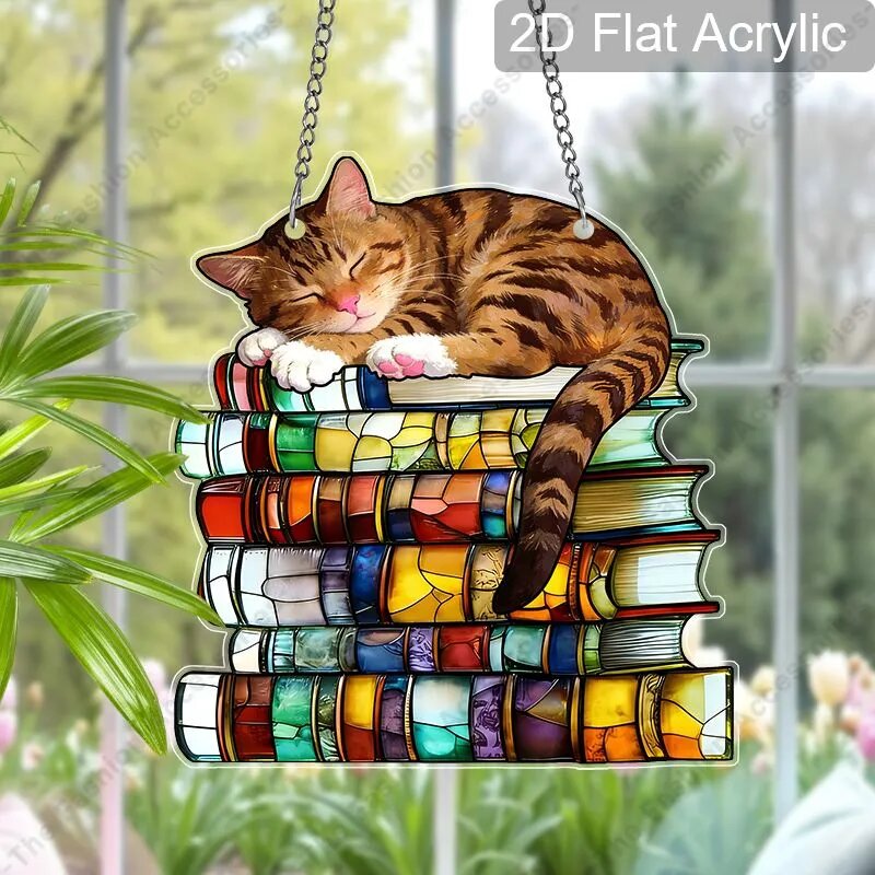 Акриловая подвеска "Спящий кот на стопке книг" 20 см витражный декор для окна и сада
