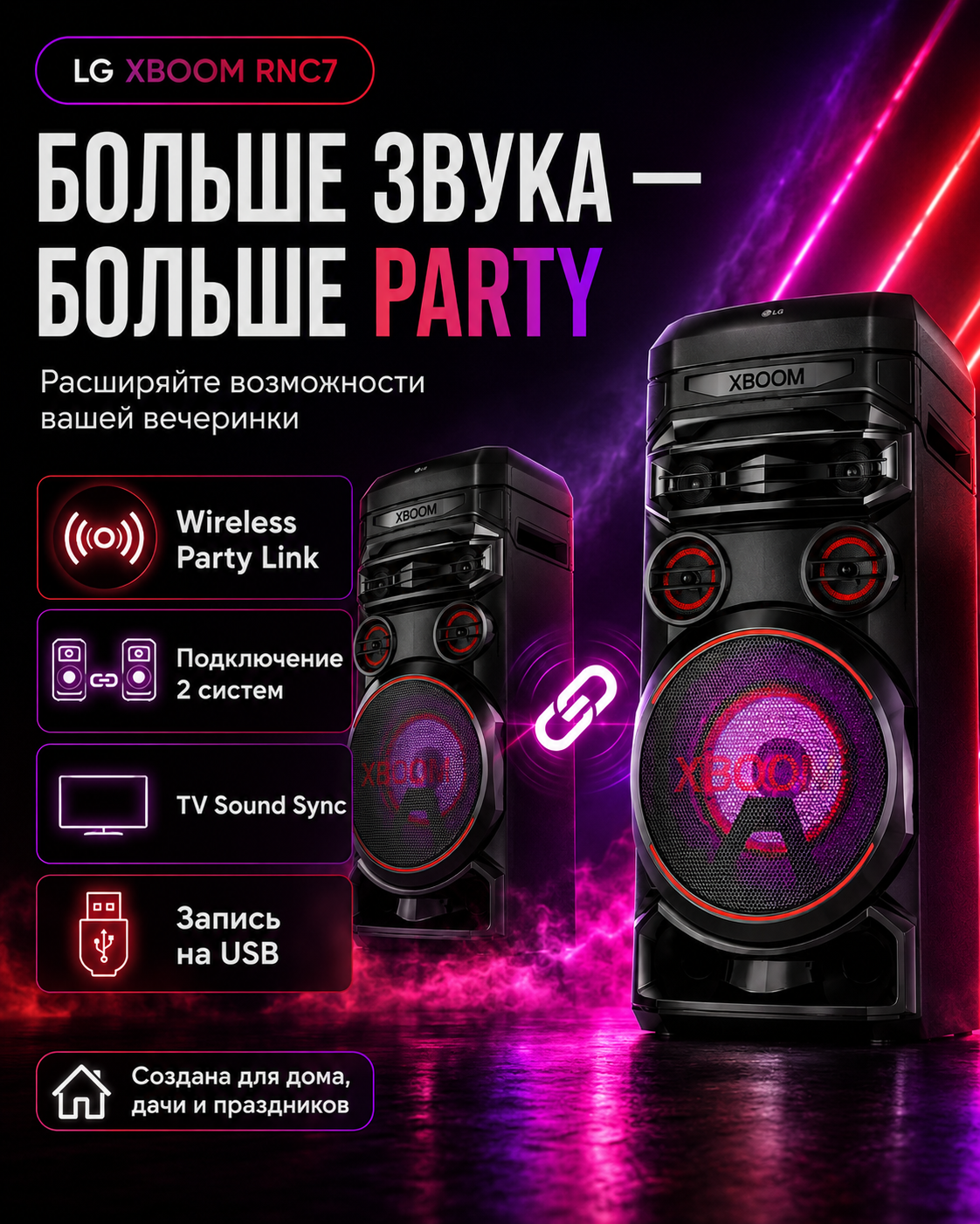 Музыкальный центр и аудиосистема LG RNC7 XBOOM, 600 Вт, с караоке, подсветка, черный