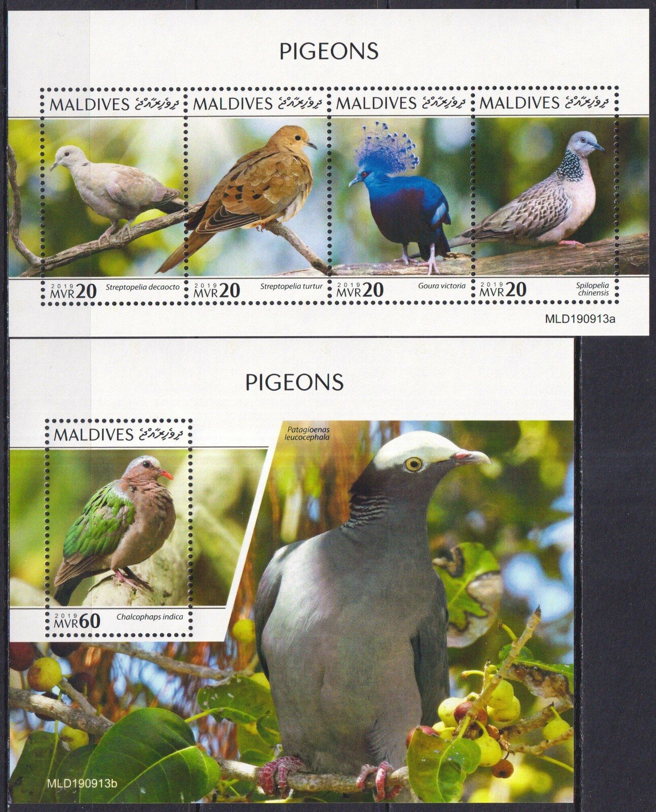 Марки 2019 год Мальдивы Голуби Птицы Фауна #8864-67+Bl1431 Mnh