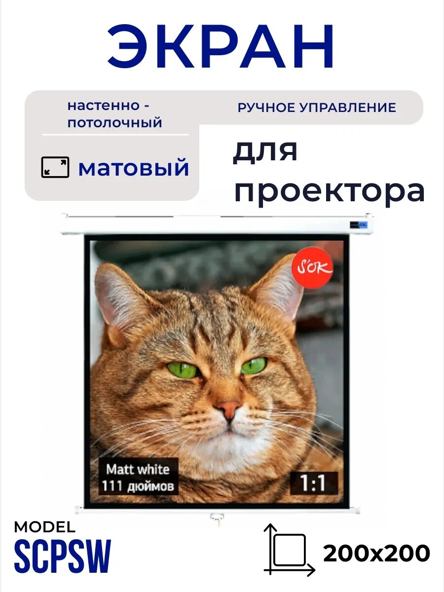 Экран для проектора S'OK SCPSW-200x200 111 1:1 настенно-потолочный, ручной, матовый, белый