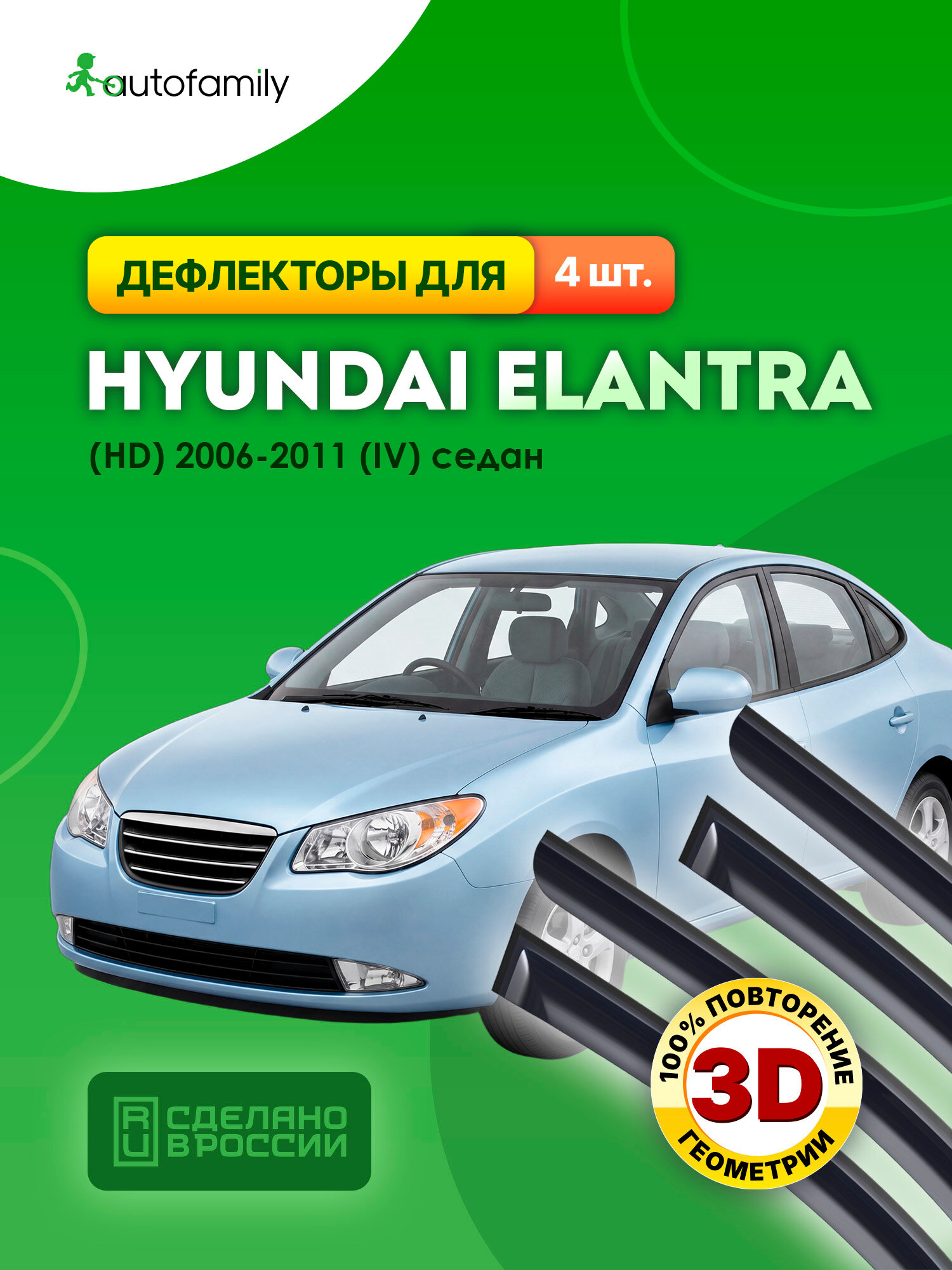 Дефлекторы окон для HYUNDAI ELANTRA (HD)2006-2011 (IV) седан REIN 4 шт. / Хендай Элантра