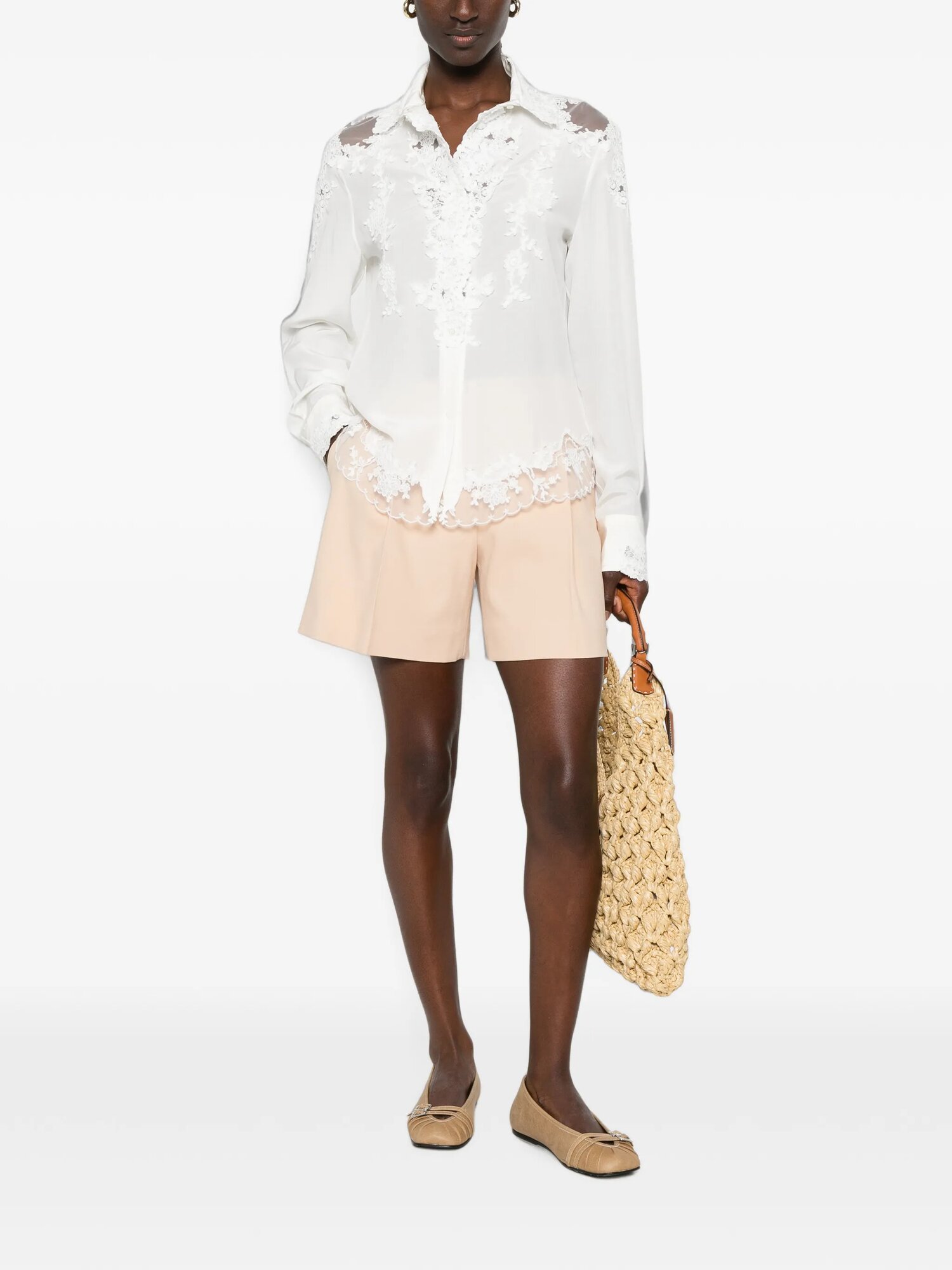 Рубашка Ermanno Scervino Lace-detail buttoned shirt, размер 40, бежевый/белый — фото 1