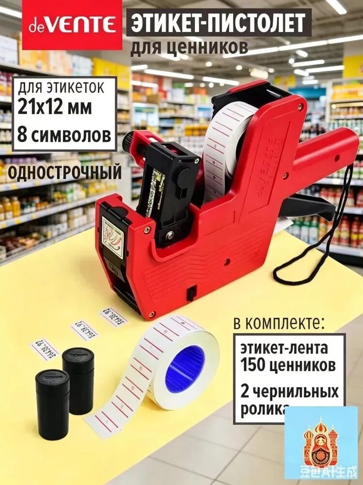Этикет пистолет маркиратор для ценников однострочный для рулона 150 ценников размером 21x12 мм