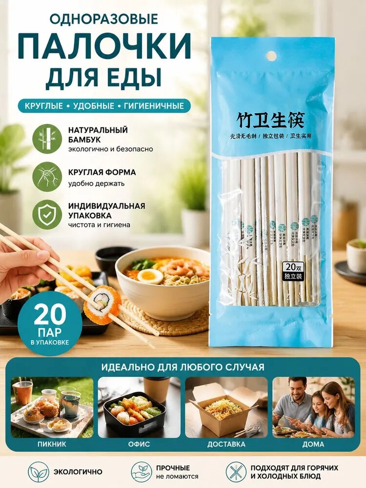 Одноразовые круглые бамбуковые палочки для еды 20 пар, индивидуально упакованные, гигиеничные безопасные для дома, пикников, семейных ужинов