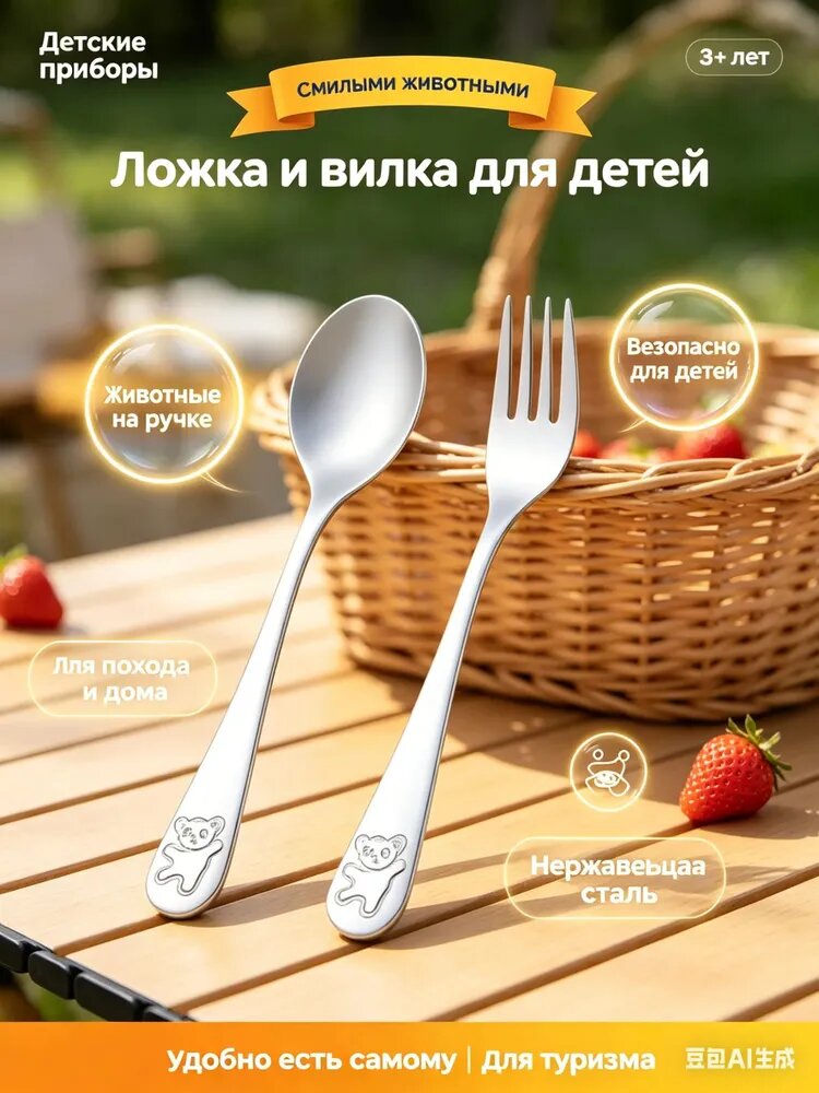Походная посуда Детские столовые приборы ложка и вилка из нержавейки с животными 3+, туристические приборы для детей для похода и дома