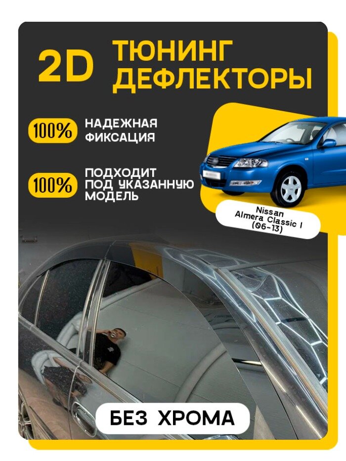 Дефлекторы окон Nissan Almera Classic I (2006-2013) Ветровики для Ниссан Альмера Классик, плоские. Комплект 4 шт.