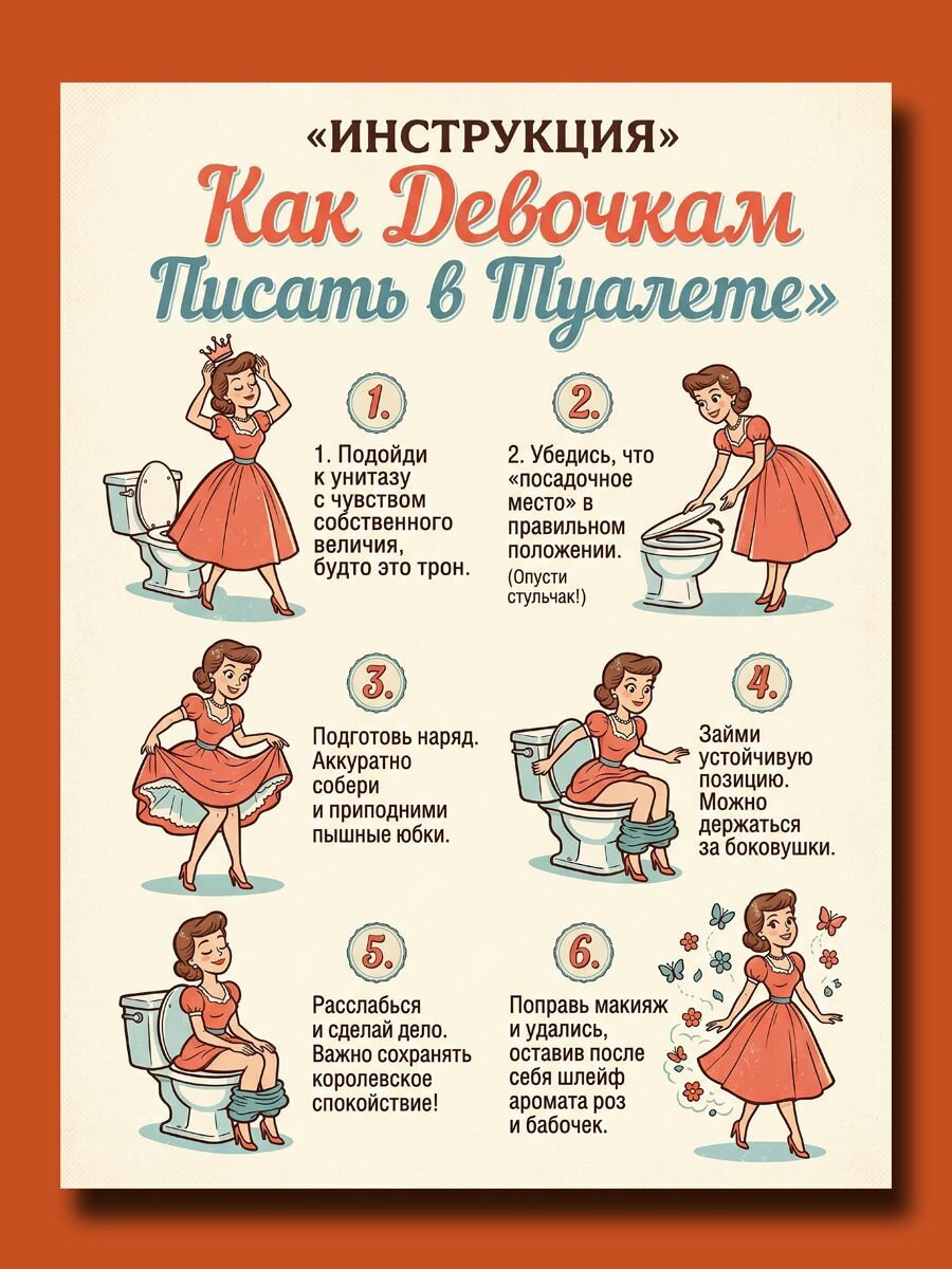Постер инструкция прикол "Как девочкам писать в туалете" - 30х40см (без рамки)