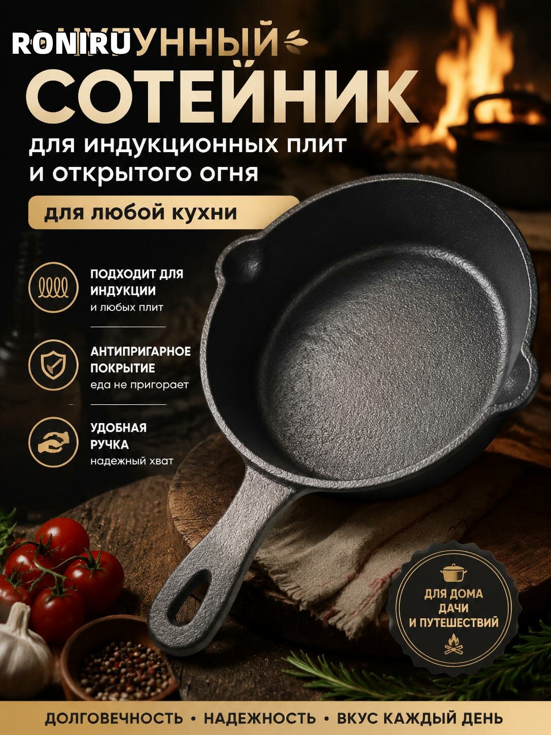 Чугунный сотейник для индукционных плит и открытого огня с антипригарным покрытием и удобной ручкой для любой кухни