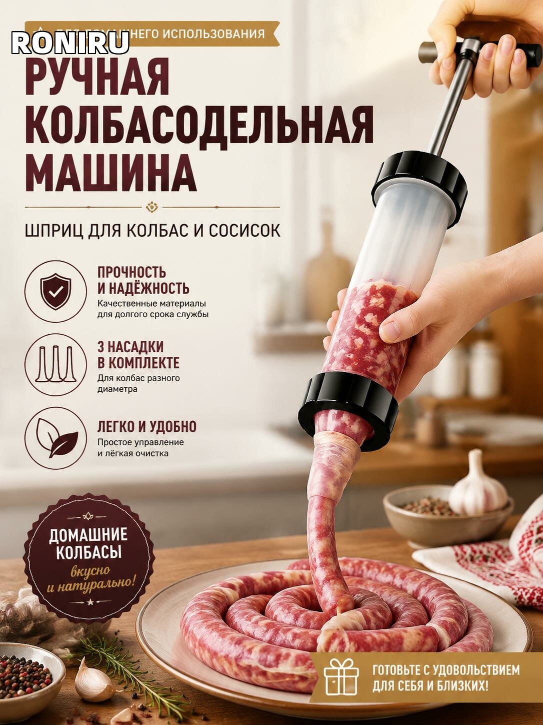 Ручная колбасоделательная машина для домашнего использования: шприц для колбас и сосисок с 3 насадками, кухонный инструмент
