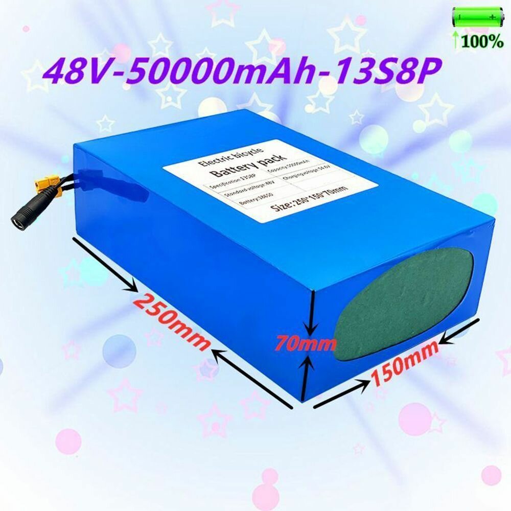 Аккумулятор 48V 50000mAh 18650 13S8P Литиевый аккумулятор 1000W Электрический велосипед Батарея 50A BMS с зарядным устройством
