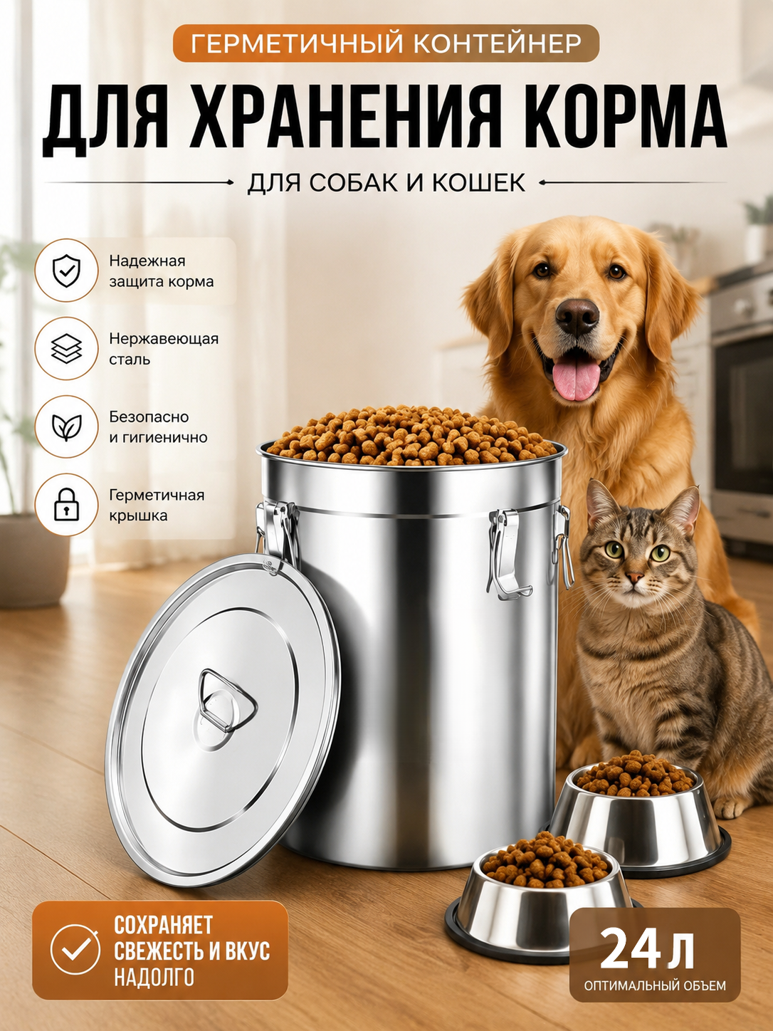 Контейнер для корма из нержавеющей стали 11.5 кг, большой для хранения сухого корма собак и кошек