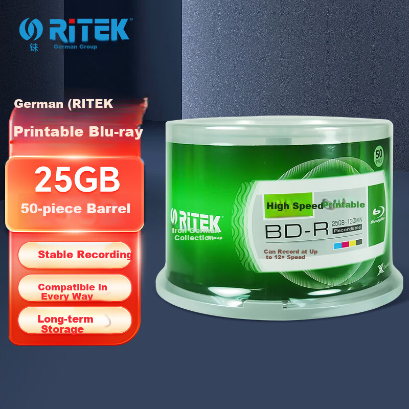 RITEk Blu-ray печатаемые BD-R 12x 25GB пустые диски 50 шт в упаковке Количество：BD-R 25G 12x