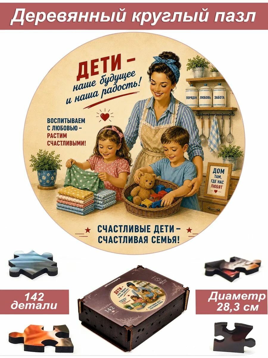 Пазл Алма деревянный круглый 142 детали, элемента. Винтажная коллекция. Дети - наше будущее