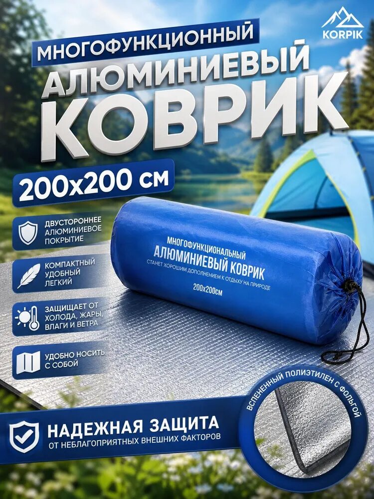 Фольгированный коврик для пикника 200х200 см, двухсторонний, с чехлом
