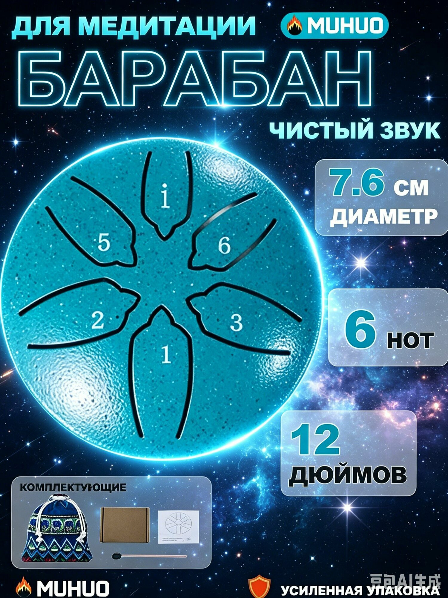 Голубой барабан для медитации 6 нот, 3 дюйма