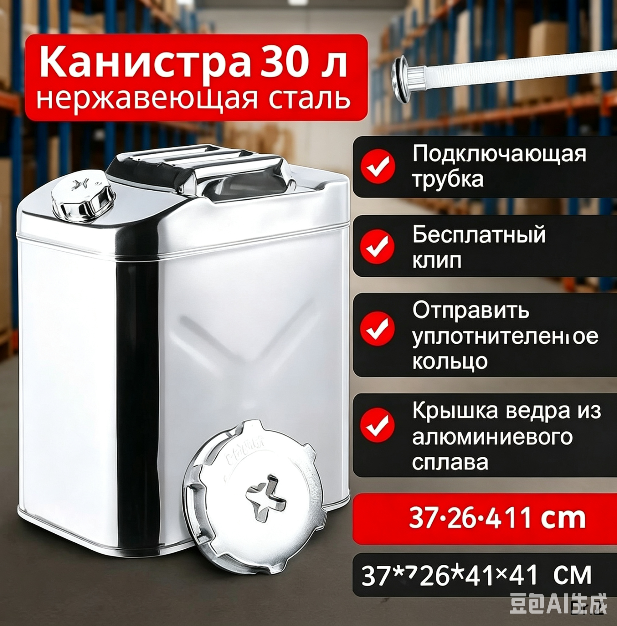 Металлическая канистра из нержавеющей стали объемом 30 л размер 37×26×41 см для хранения топлива и жидкостей