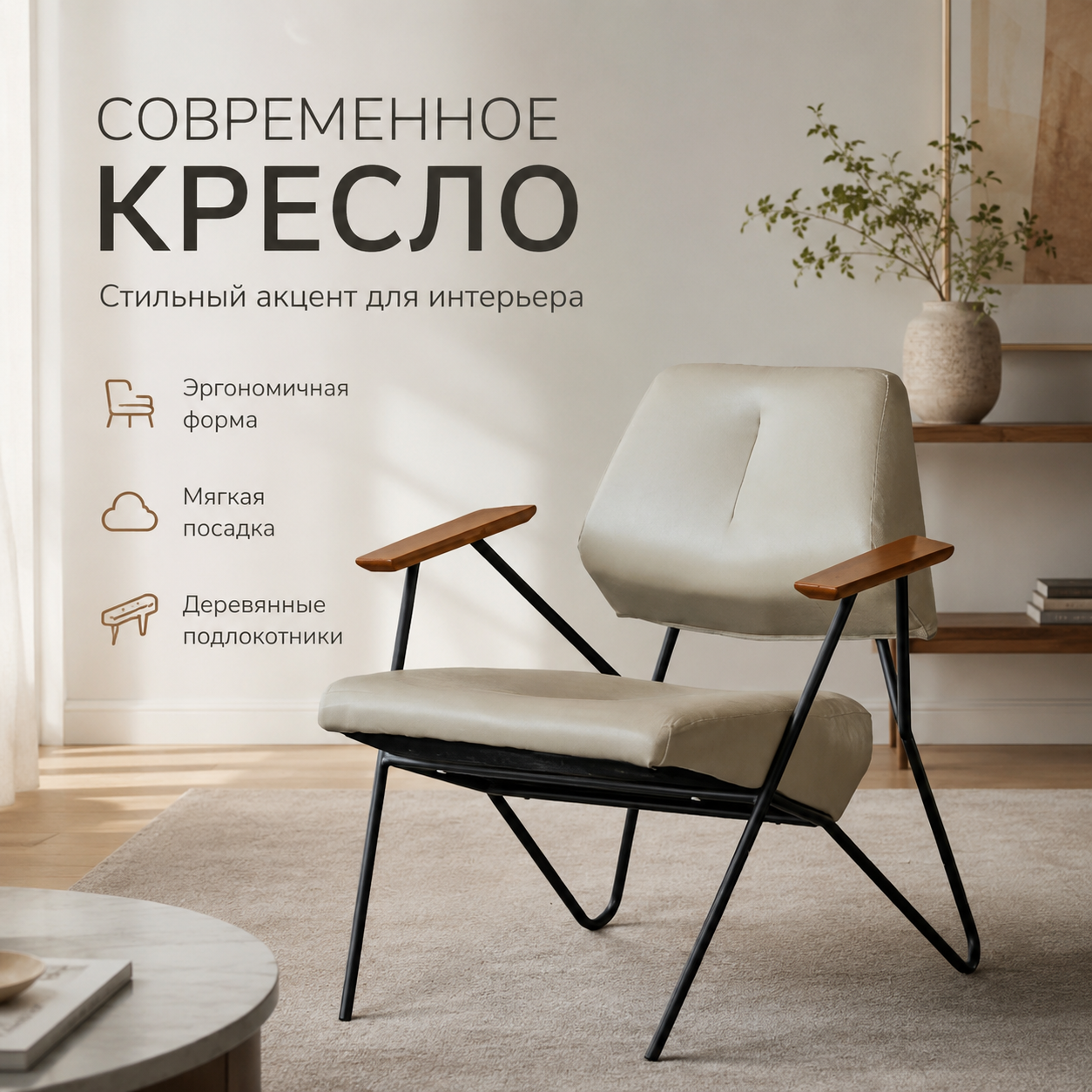Современное кресло с металлическим каркасом, экокожевая обивка, деревянные подлокотники для дома и офиса