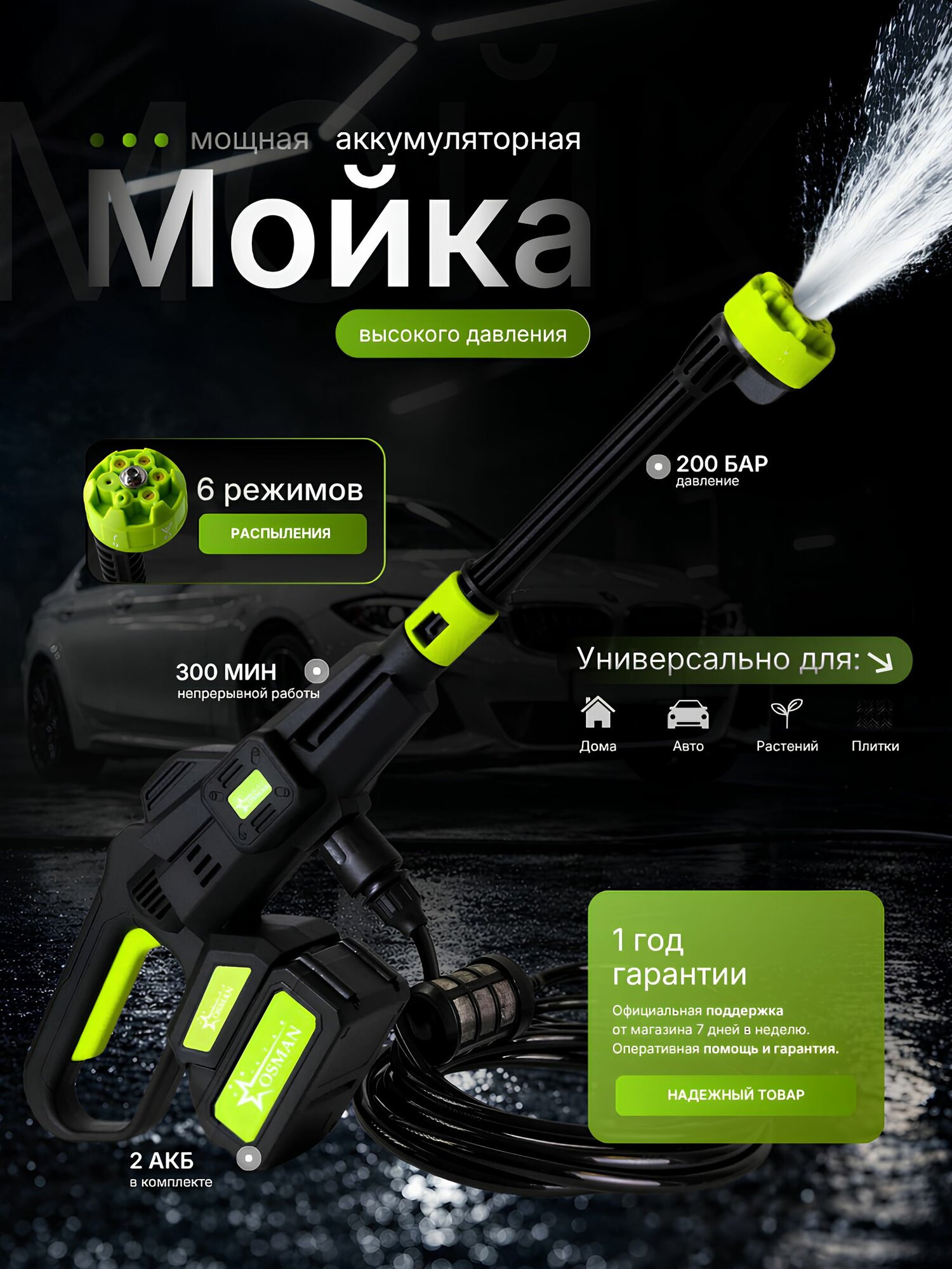 Мощная аккумуляторная мойка высокого давления 2 АКБ, портативная мини автомойка для машины