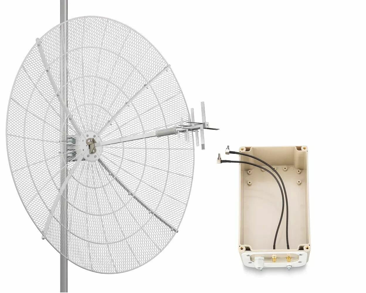 Антенна KROKS KNA27-800/2700P BOX (F-female) 27 дБ 4G MIMO параболическая, с гермовводом RJ-45 (2313_F)