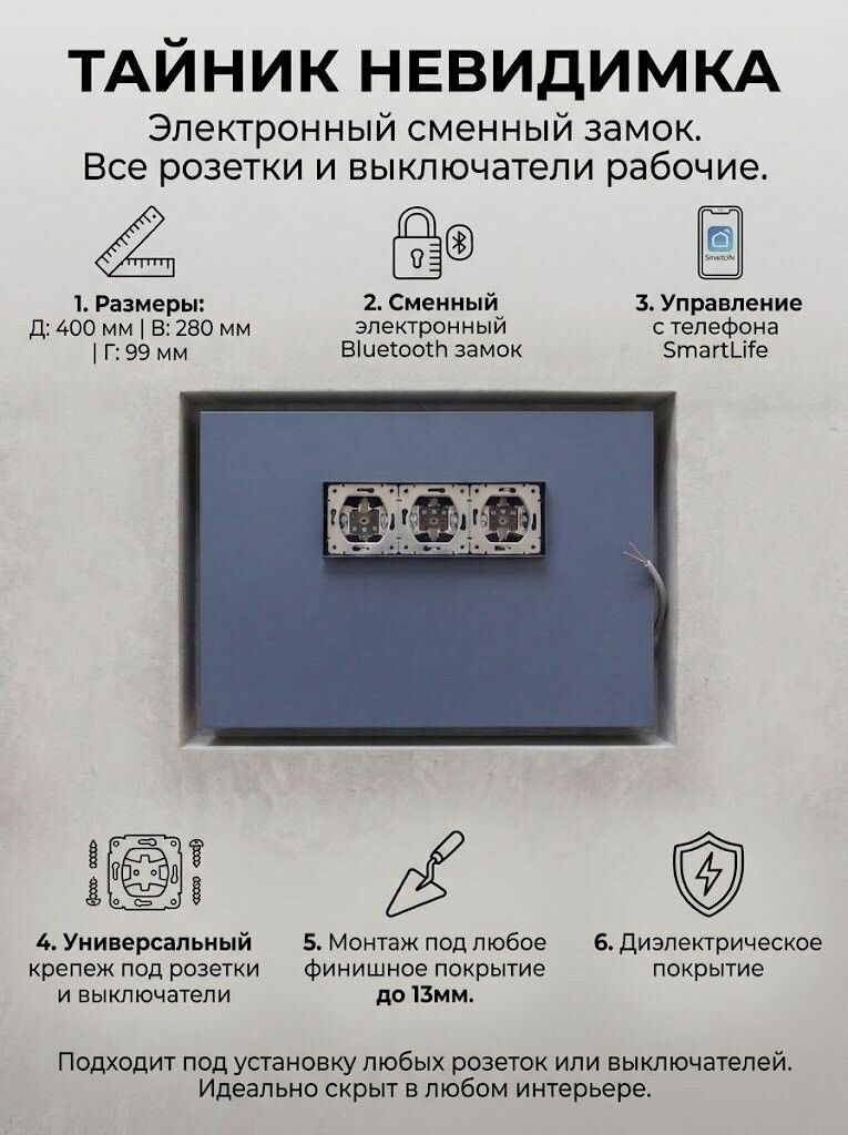 Встраиваемый Тайник Невидимка на 3 поста с электронным Bluetooth-замком и рабочими розетками или выключателями