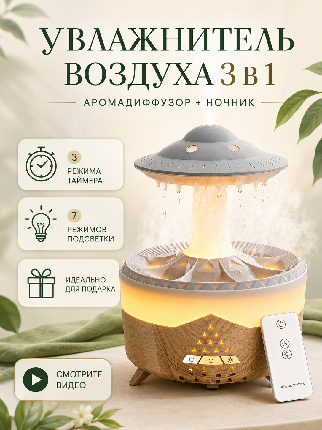 Увлажнитель воздуха с подсветкой Гриб TWO, Ультразвуковой аромадиффузор ночник для дома, Светлое дерево