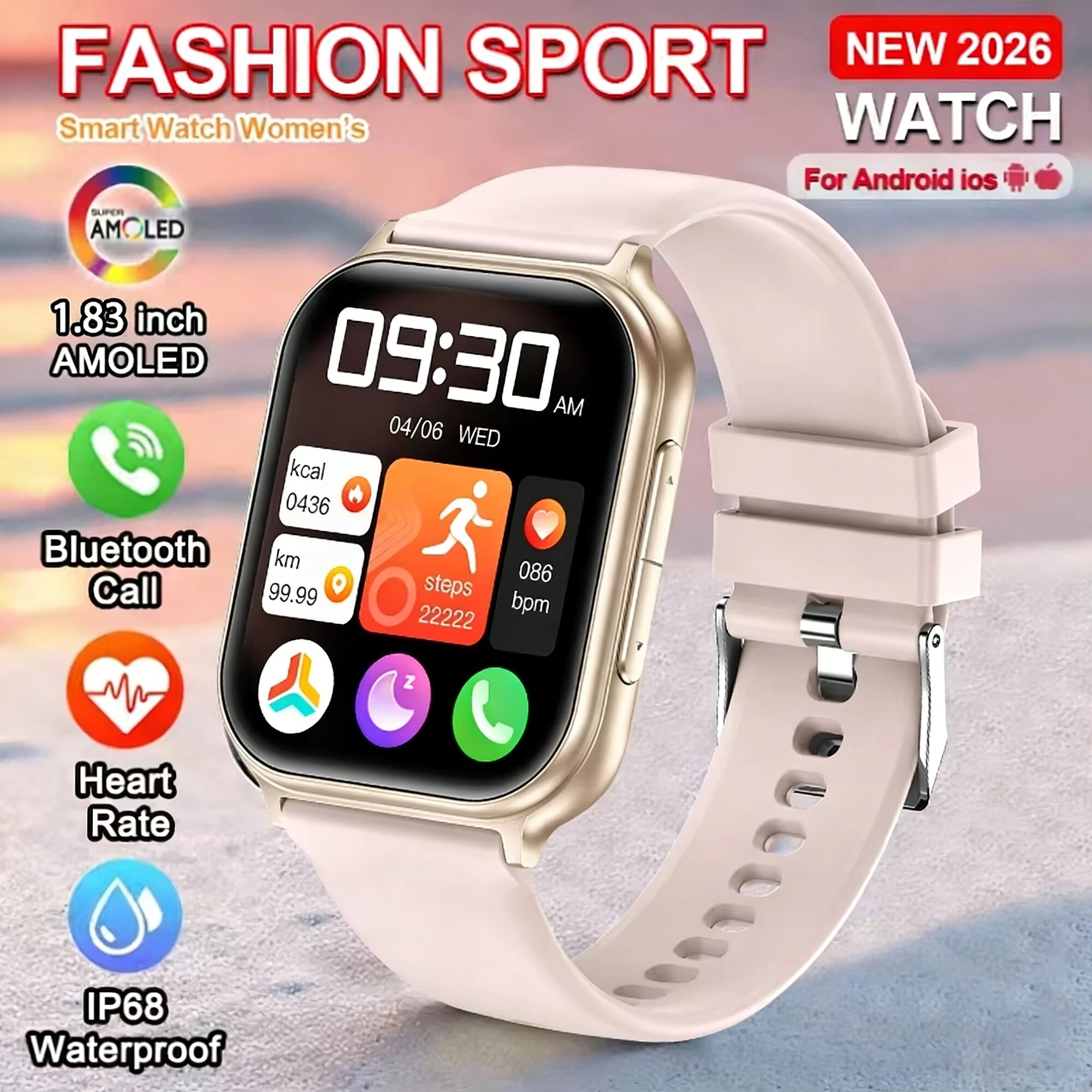 Женский Smartwatch Gold, 1.83" AMOLED, Bluetooth Call