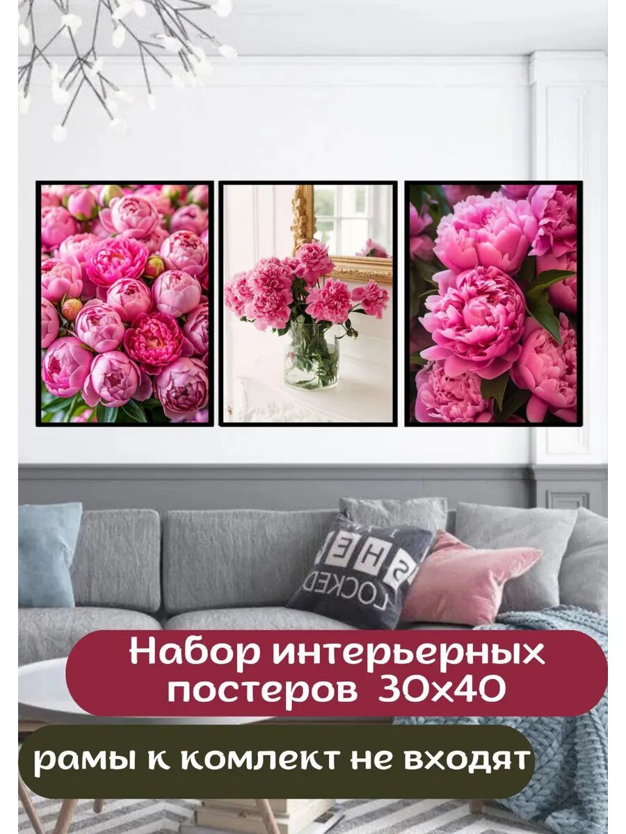 Постеры Розовые пионы интерьерные 30×40