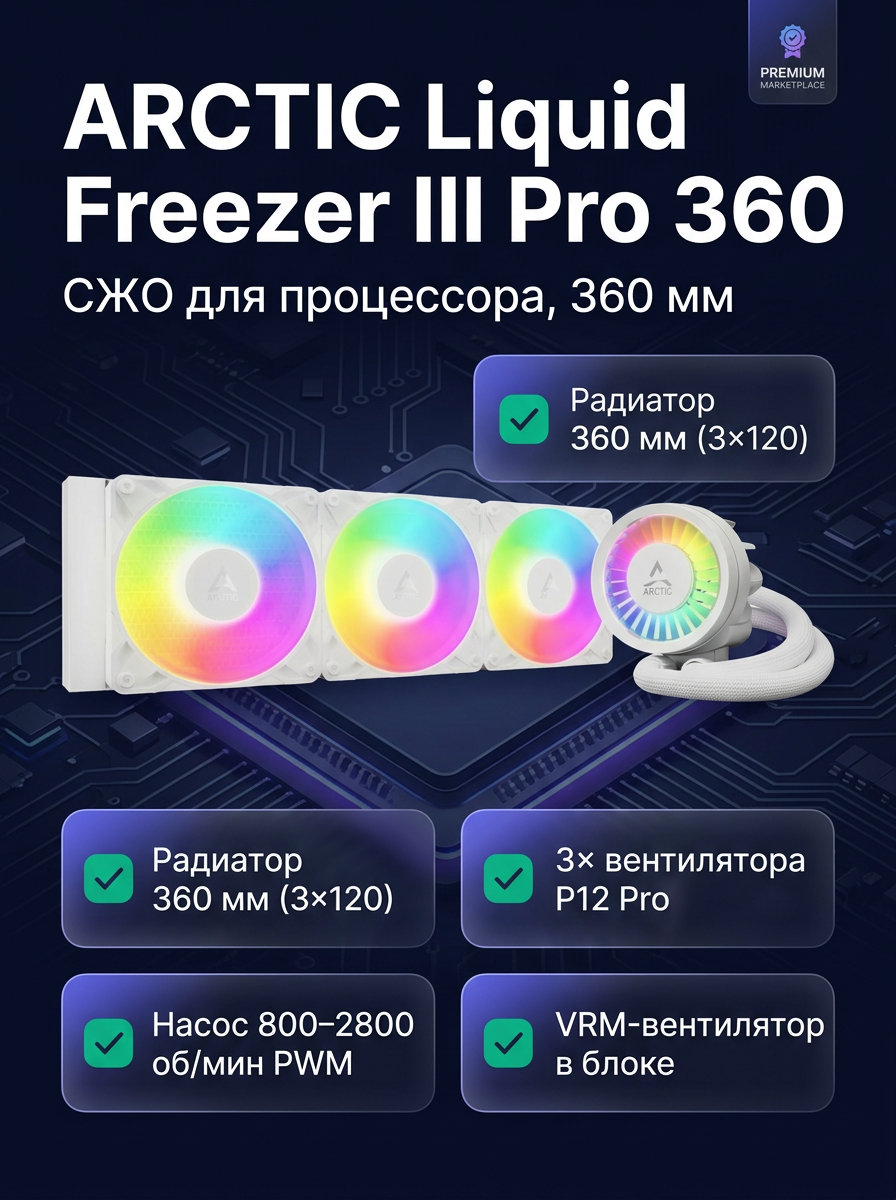 Система жидкостного охлаждения процессора ARCTIC Liquid Freezer III Pro 360 ACFRE00180A, 360 мм, черный, 3 вентилятора 120 мм, PWM