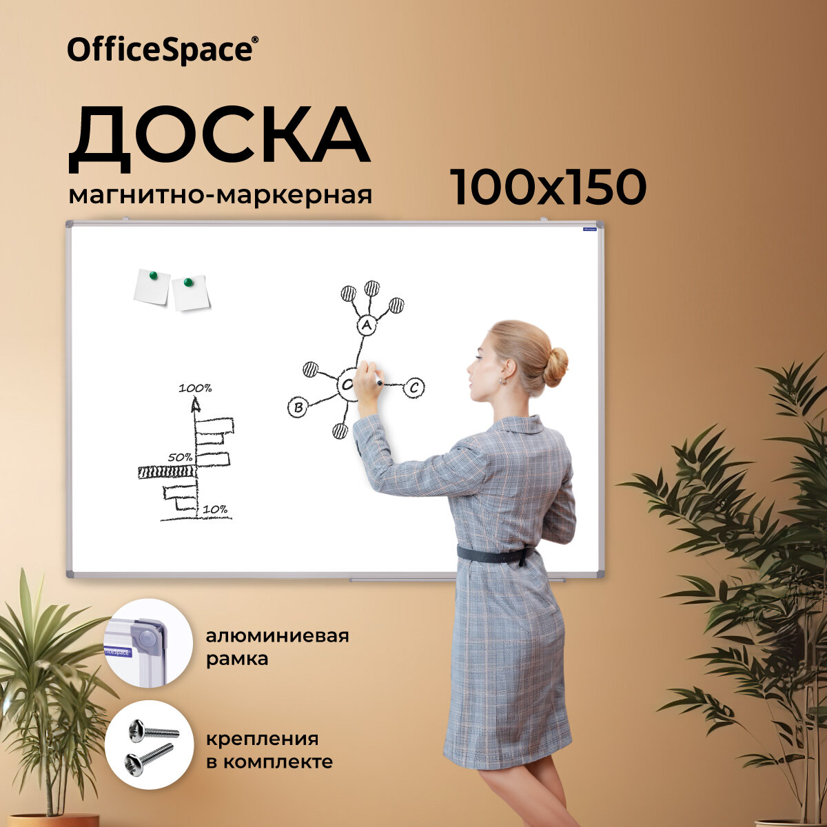 Доска для заметок магнитно-маркерная OfficeSpace, 100x150см, белая, металлик, настенные крепления