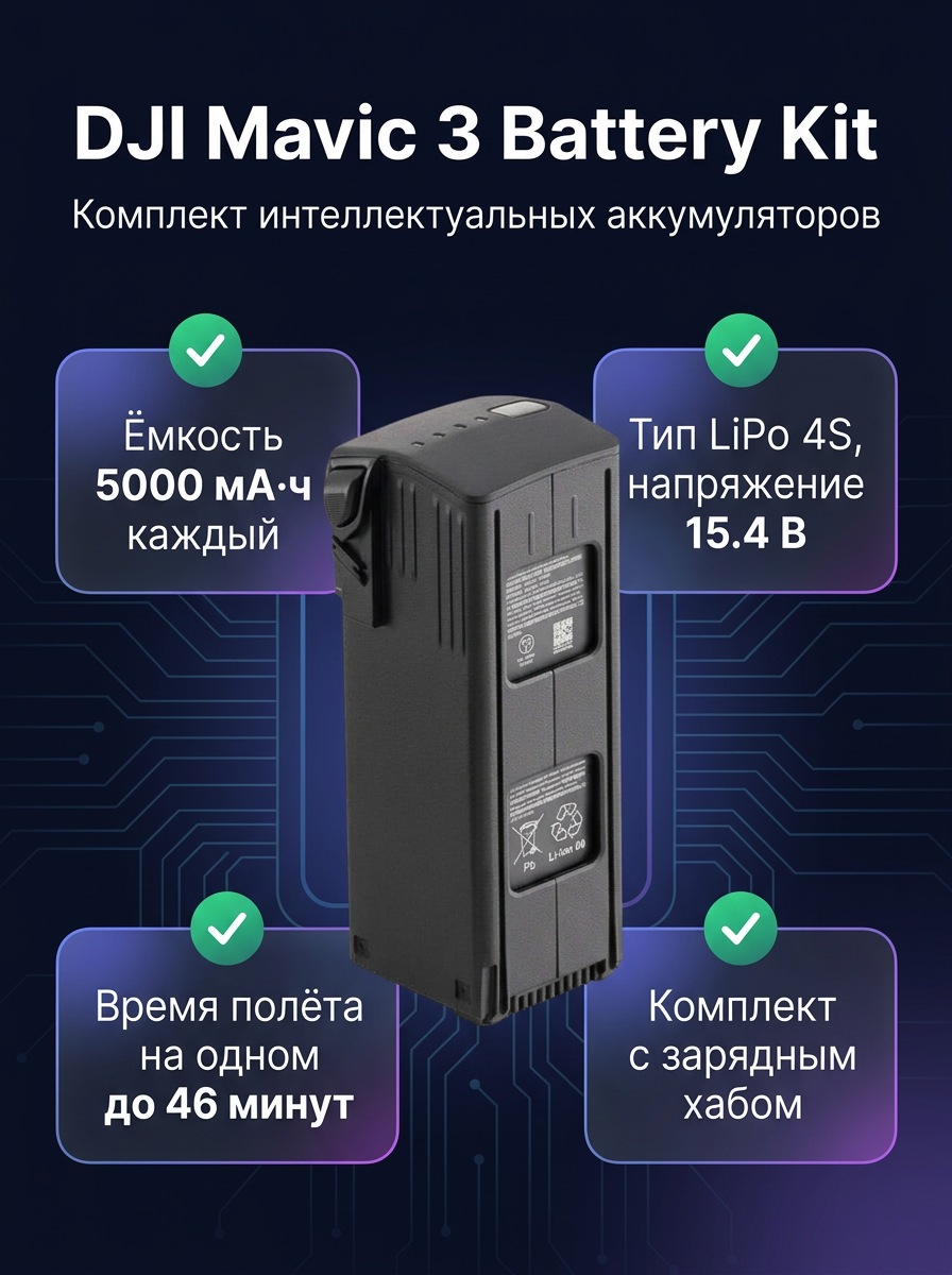 Комплект аккумуляторов и зарядного хаба DJI Mavic 3 Battery Kit, 5000 мА·ч, LiPo 4S, 15.4 В