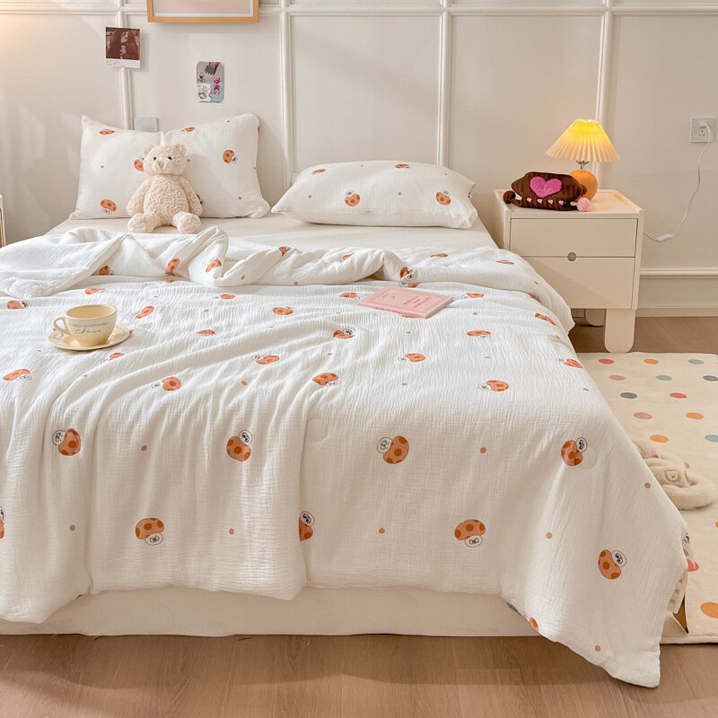 Хлопковое двойное слоистое складчатое одеяло для двойной кровати, 200x230см, мультяшный дизайн грибка