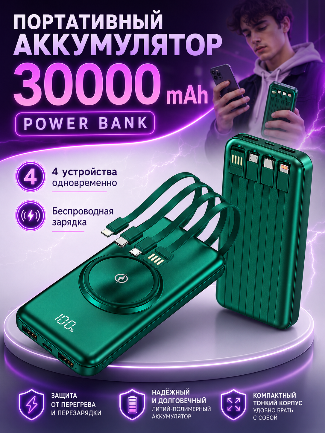 Портативный внешний аккумулятор POWER BANK 30000 mAh, Беспроводная зарядка, 4 Встроенных кабеля, Зеленый