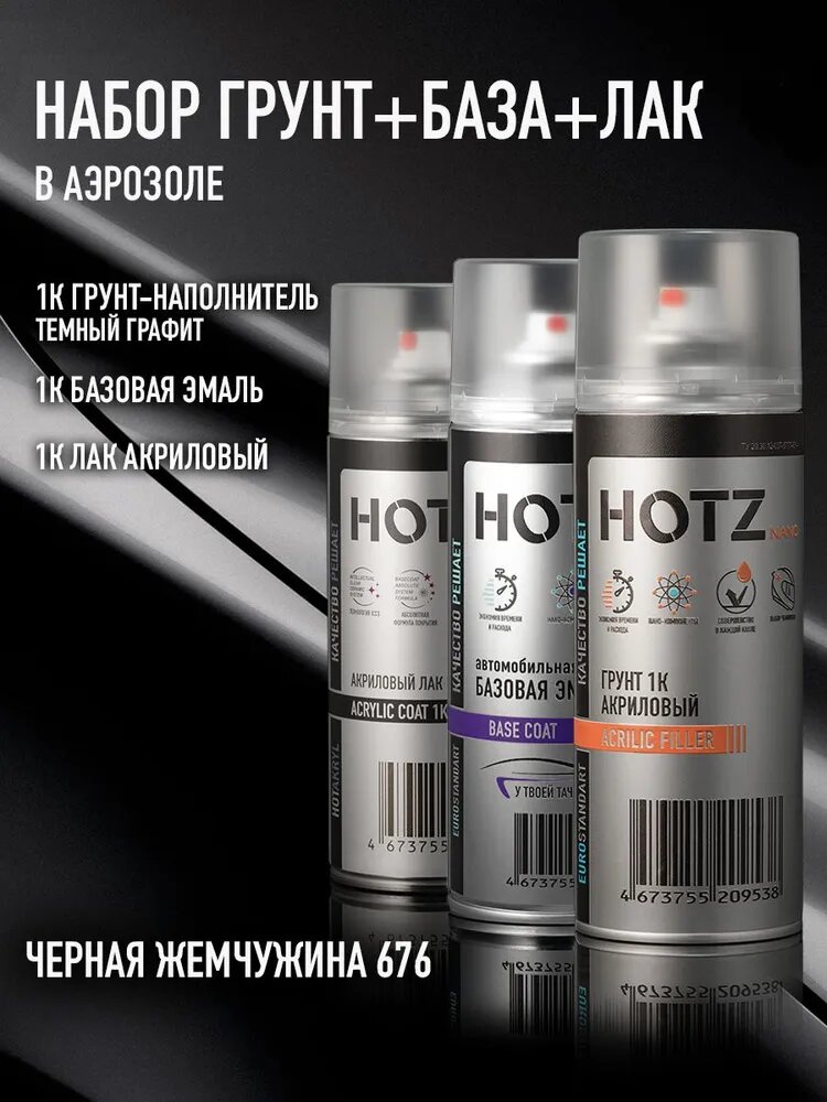Комплект Аэрозольный "RENAULT Noir Nacre/Чёрная жемчужина 676 " 1K: Акриловый грунт Темный графит 520мл + Акриловый лак 520мл + Автоэмаль 520мл