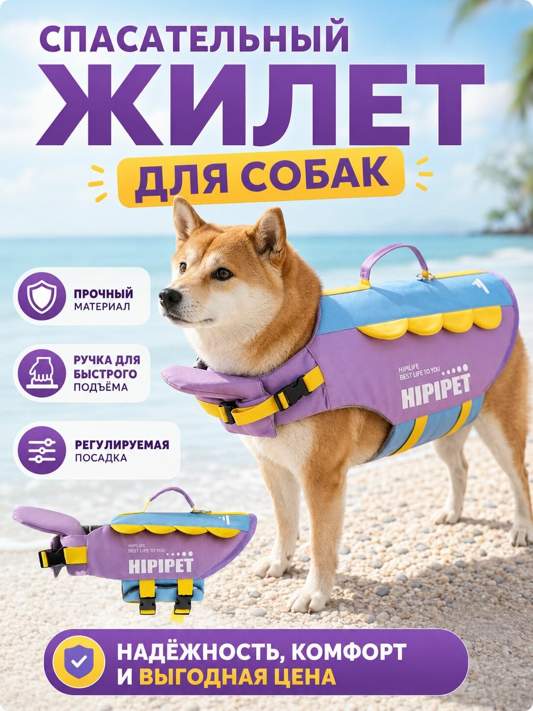 Спасательный жилет для собак HIPIPET из полиэстера, фиолетово-голубой, XS2XL, регулируемый жилет для плавания, пляжа, лодки и отдыха у воды