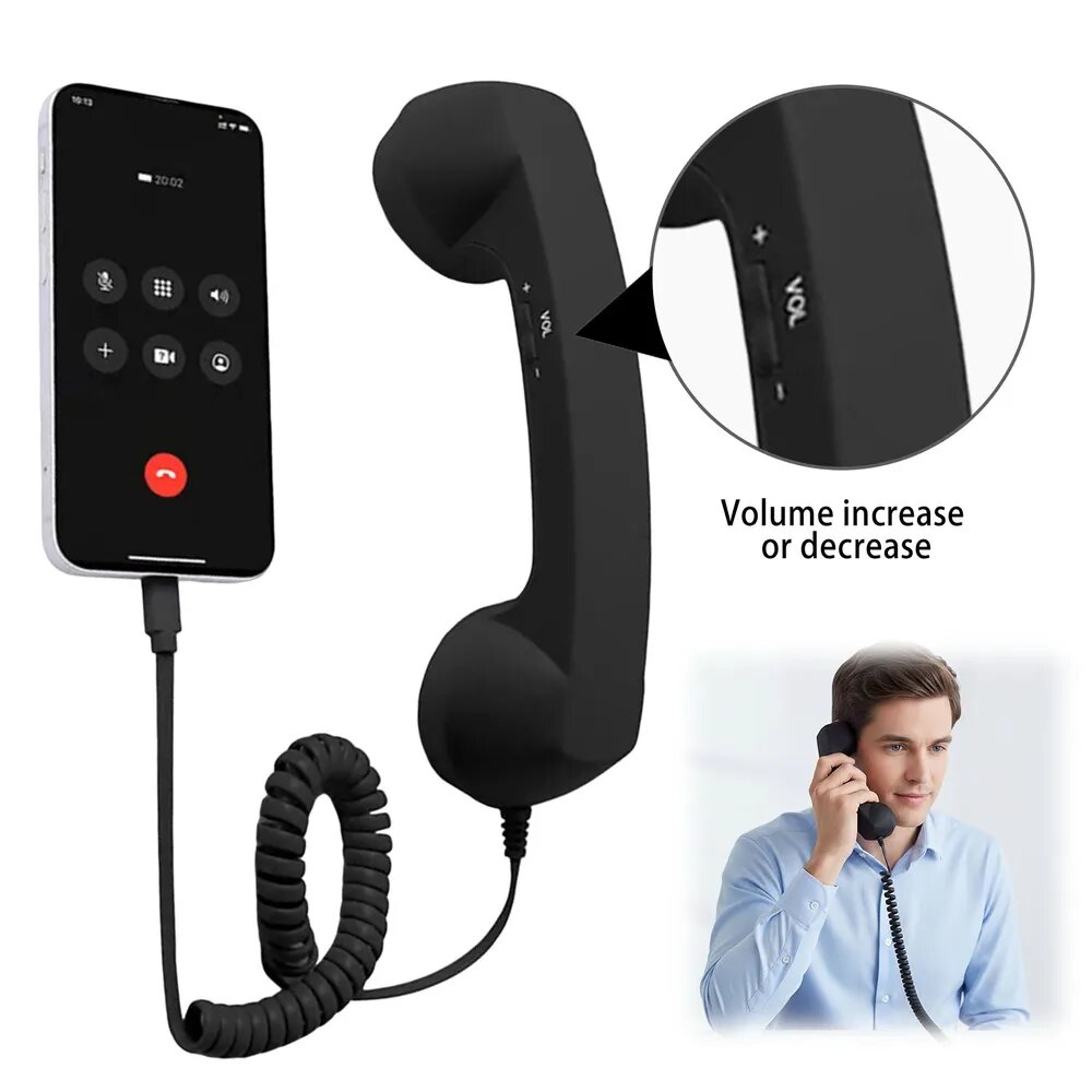 Наушники проводные с микрофоном Retro Phone Handset, Bluetooth, USB Type-C, черный
