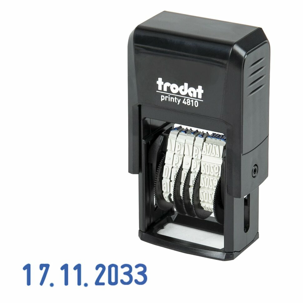 Датер-мини, месяц цифрами, для банка, оттиск 20х3,8 мм, синий, TRODAT 4810 P4, корпус черный, подушка, 82499, 230717