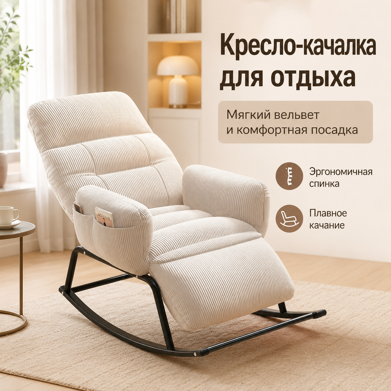 Мягкое кресло-качалка с вельветовой обивкой, регулируемая спинка, для отдыха