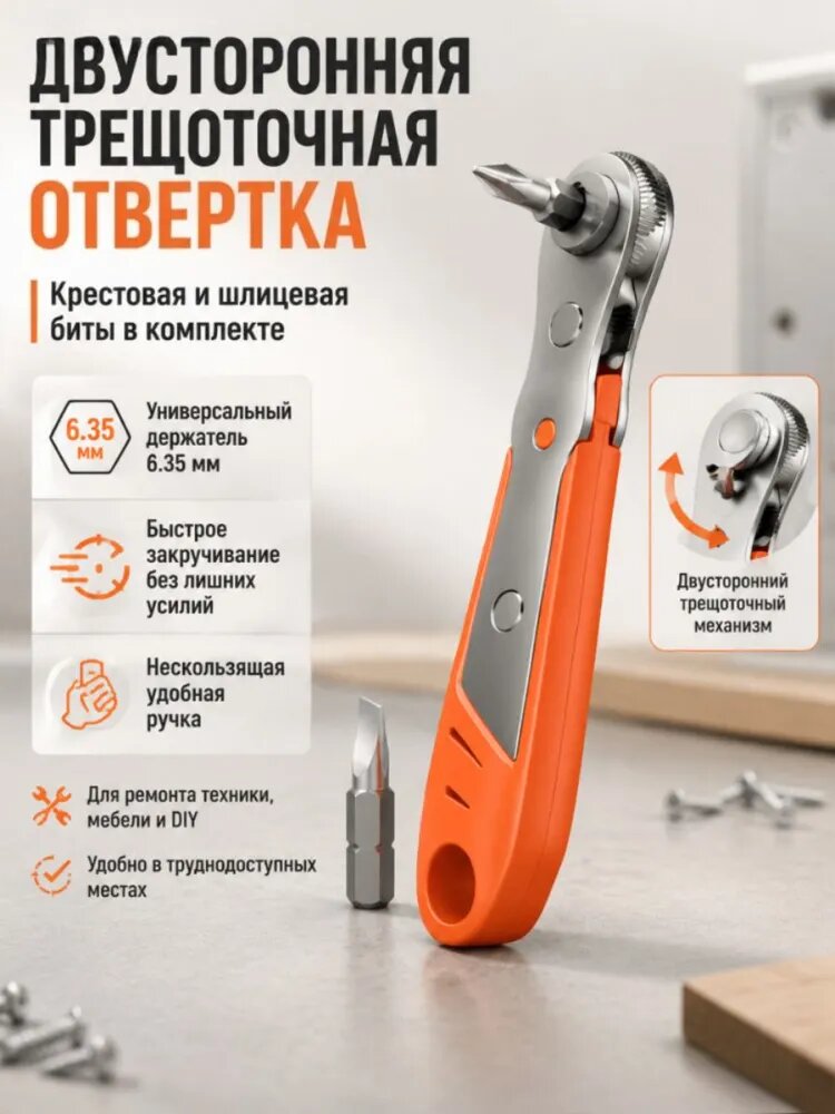 Мини угловая трещотка с реверсом - набор бит 6.35 мм, компактный инструмент для узких мест, ремонта мебели и автомобиля отвертка, панели, мини трещетка, угловая отвертка