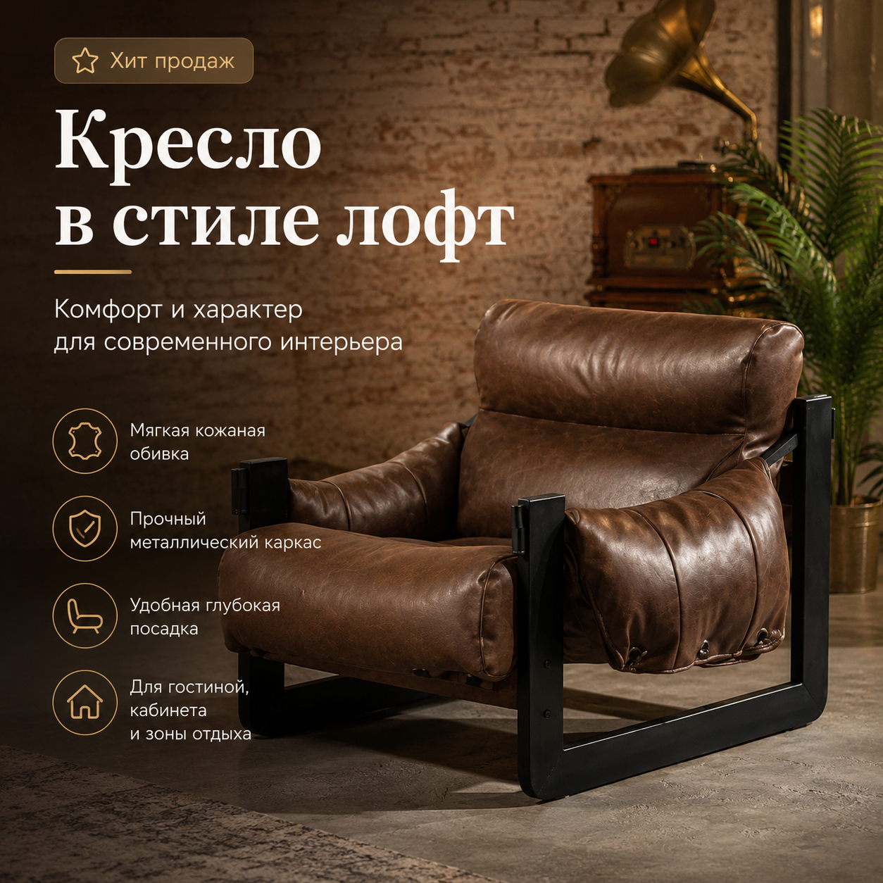 Диван-кресло с откидной спинкой, искусственная кожа, массив дерева, ширина 95 см