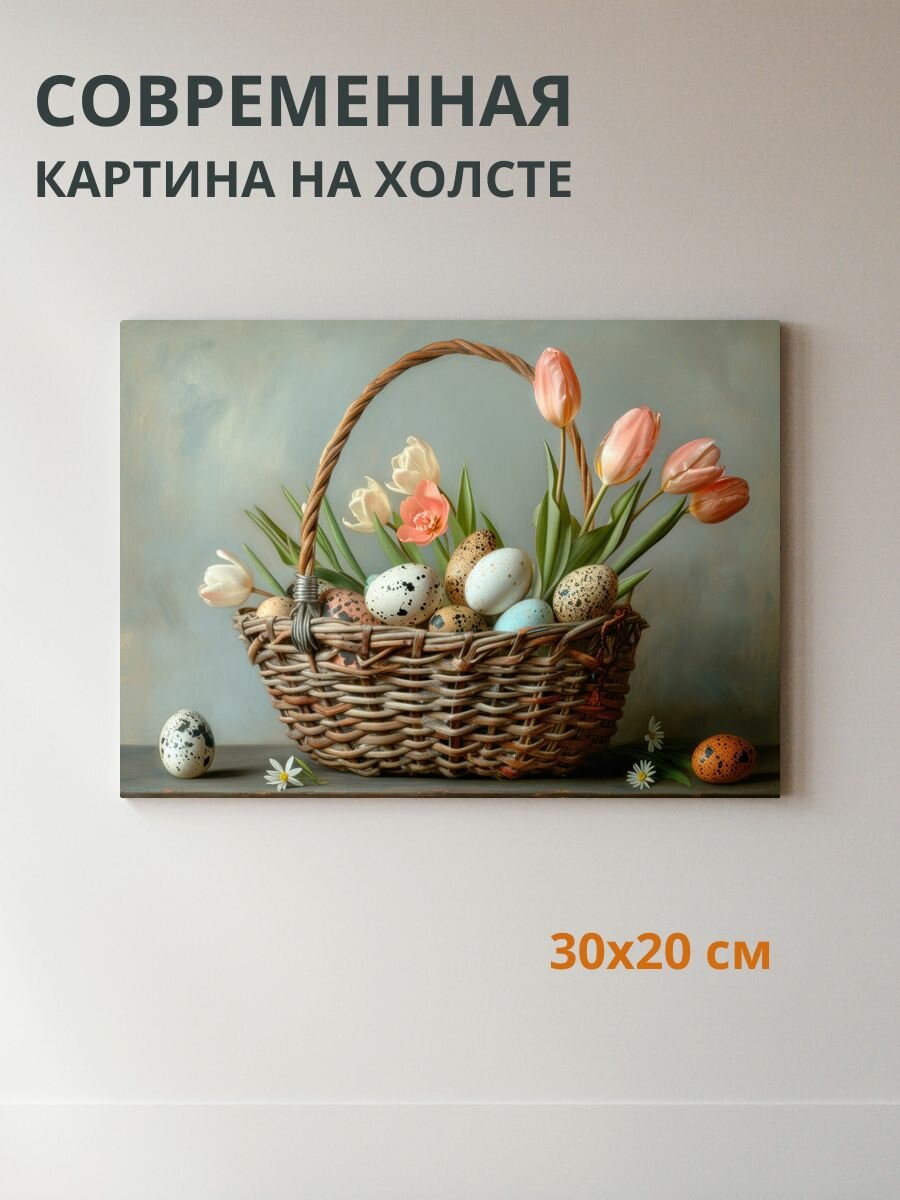 Картина на холсте Корзина с яйцами и цветами 30x20 см