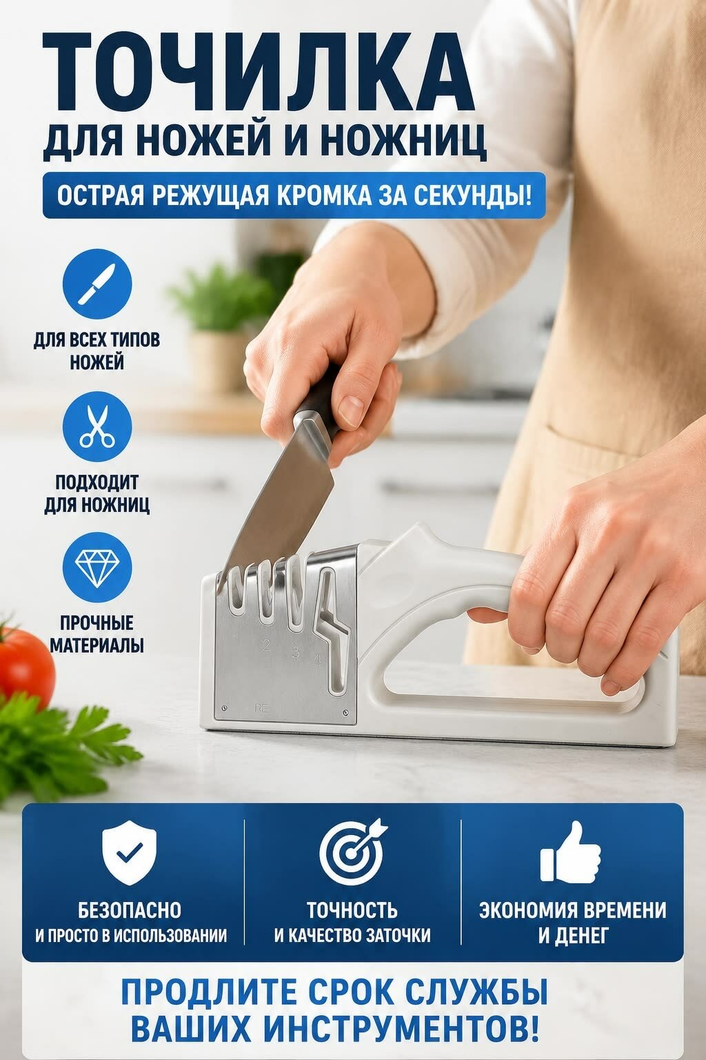 Точилка для ножей и ножниц 4 в 1, керамический абразив, для дома, черная с ручкой белый