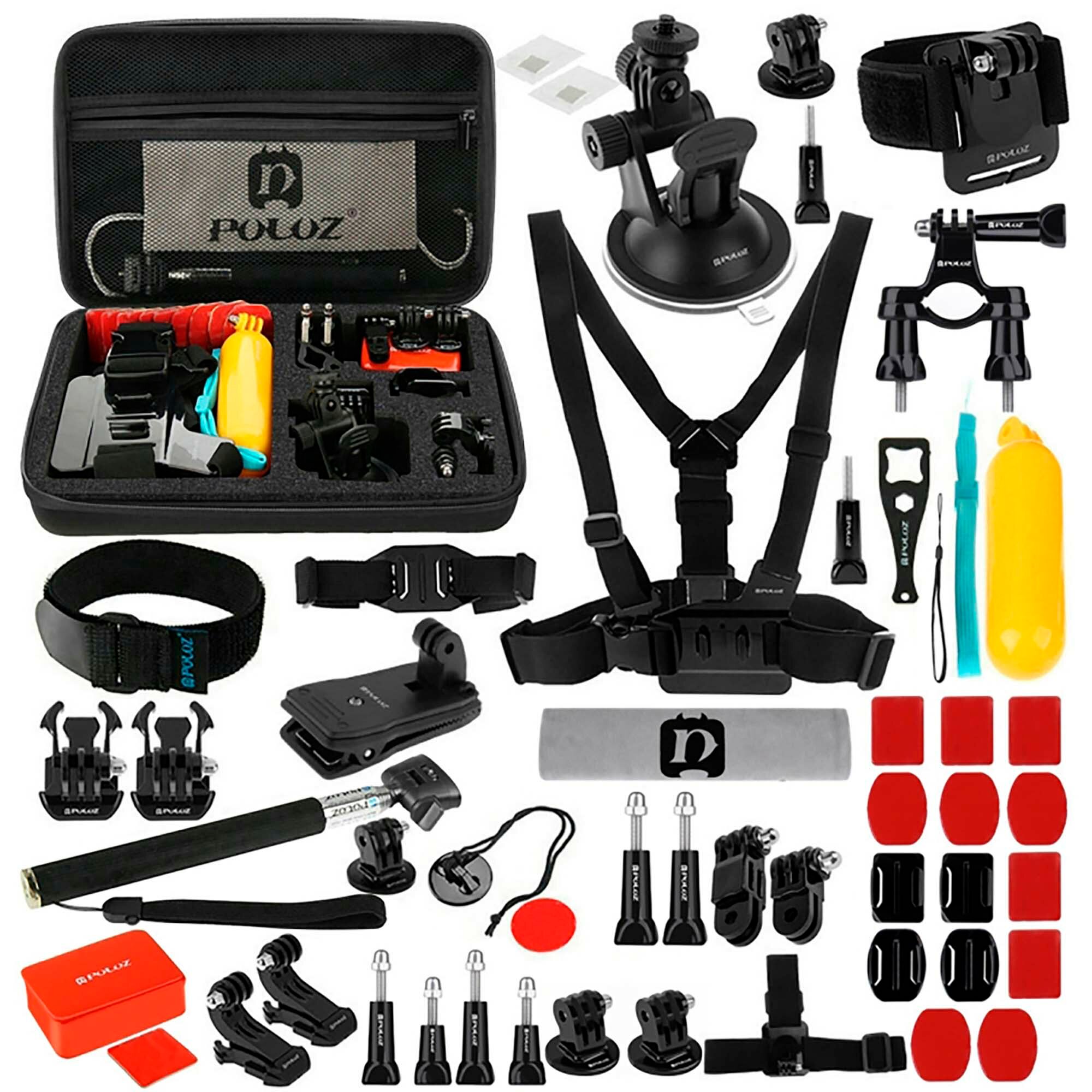 Комплект аксессуаров Puluz PKT09 Accessories Combo Kit, 53 в 1, для экшн-камер в кейсе, черный
